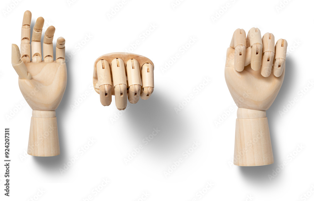 Three wooden mannequin hands display different positions, showcasing ...