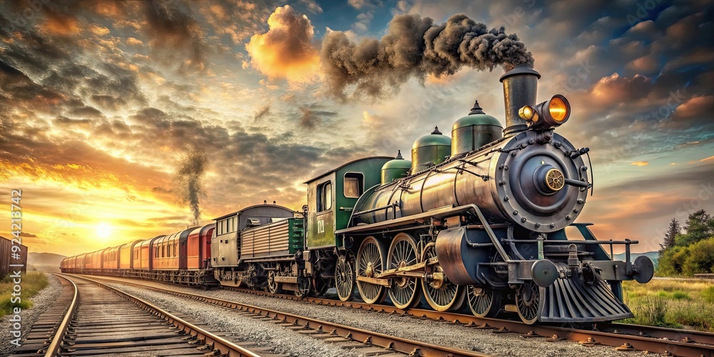Vintage railroad with old steam locomotive and antique train cars ...