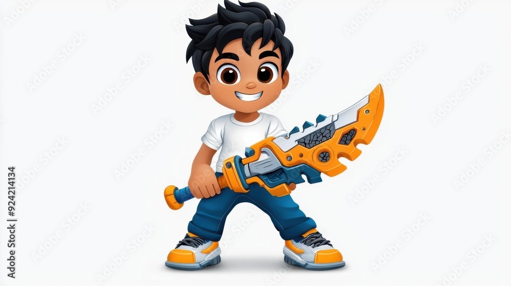 Cute cartoon illustration of a boy with a toy sword, colorful line ...