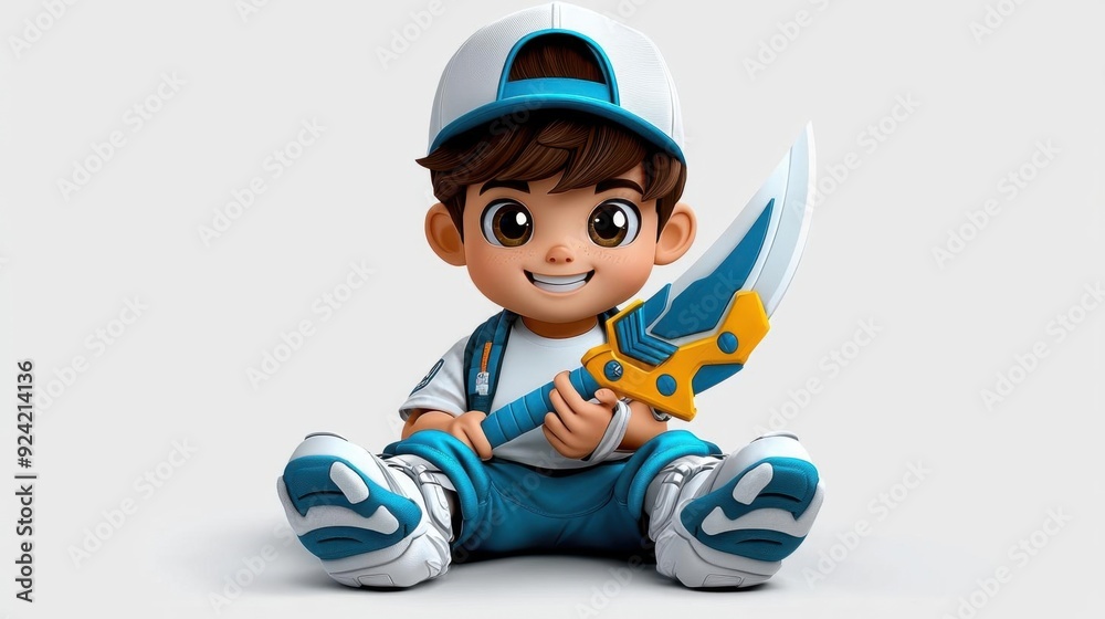 Cute cartoon illustration of a boy with a toy sword, colorful line ...