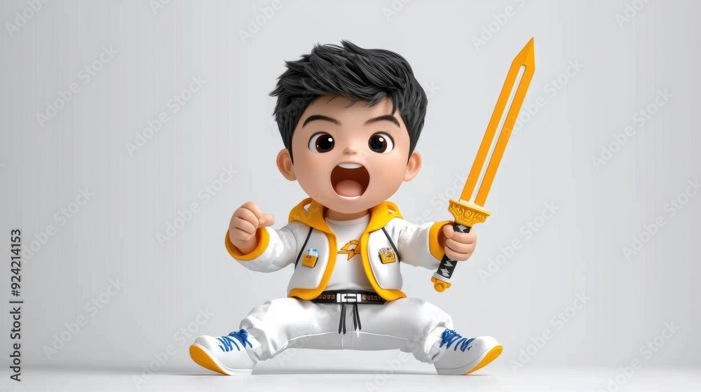 Cute cartoon illustration of a boy with a toy sword, colorful line ...