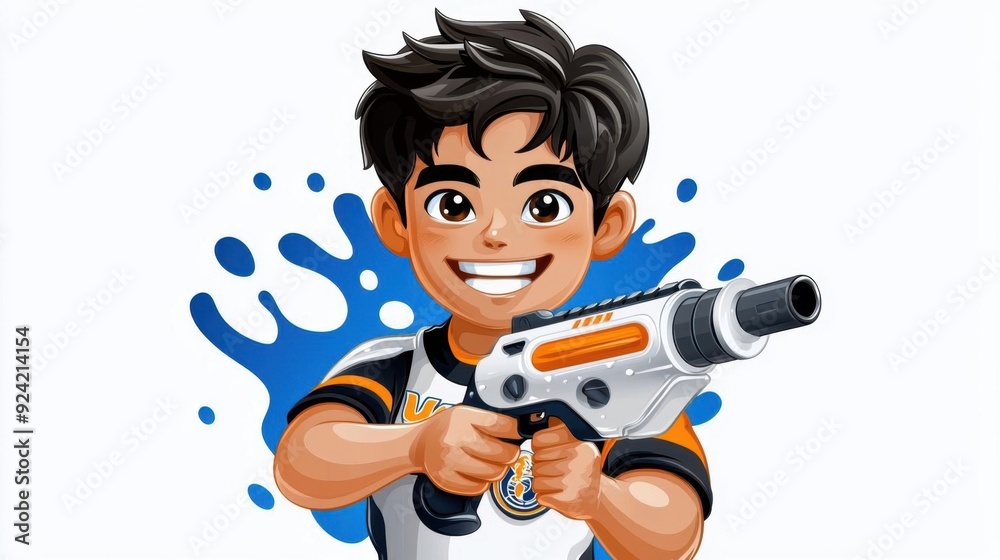 Cute cartoon illustration of a boy with a water gun, colorful line ...