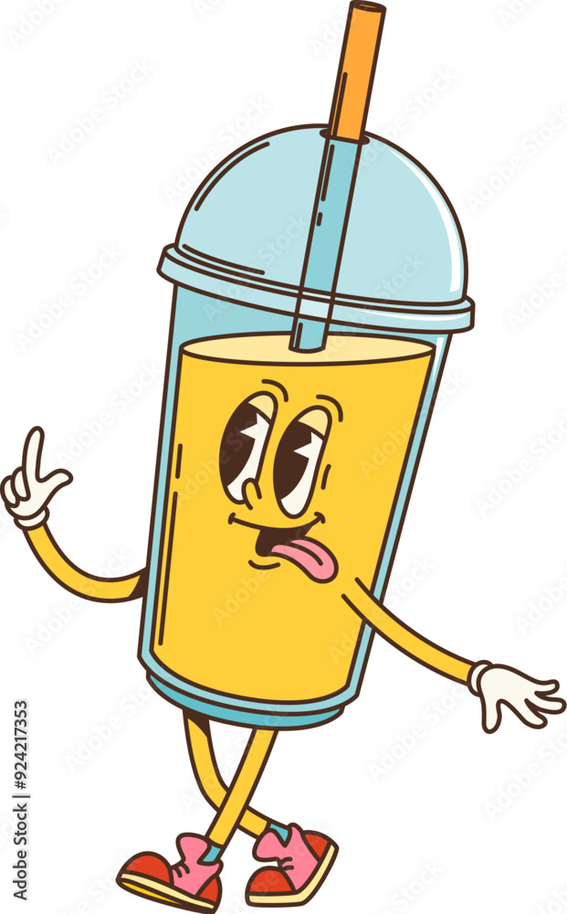 Retro cartoon groovy juice drink character with expressive eyes and ...