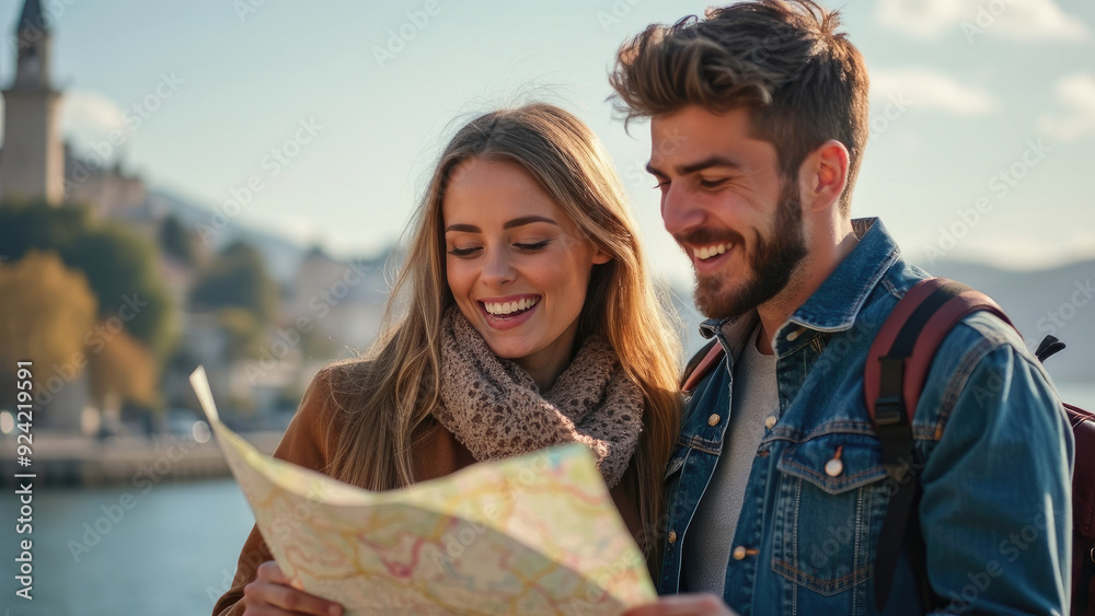 Man and woman looking at a map, travel guide, travel ad, tourist map ...