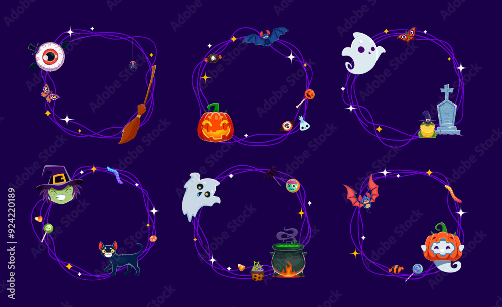 Cartoon Halloween holiday frames and borders with kawaii ghosts. Empty ...