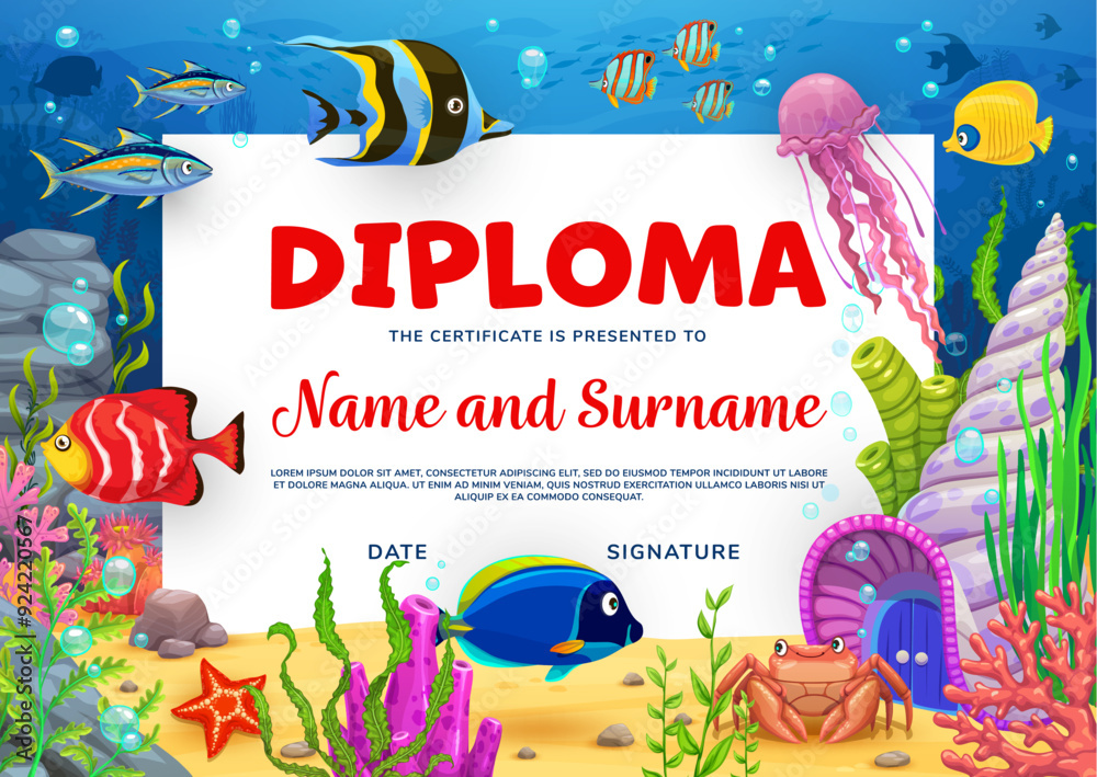 Kids diploma with underwater cartoon tropical fish and shell house ...