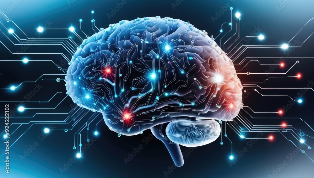 Futuristic human brain depicted as an electronic circuit with blue and ...