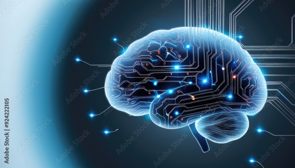 Futuristic human brain depicted as an electronic circuit with blue and ...
