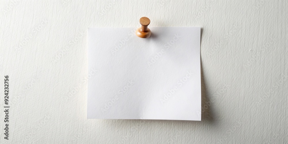Empty white paper note pinned on wall with wooden pin, on white ...