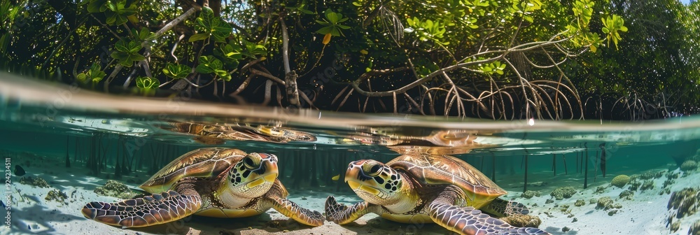 Two sea turtles engaging in a mating ritual in serene mangrove waters ...
