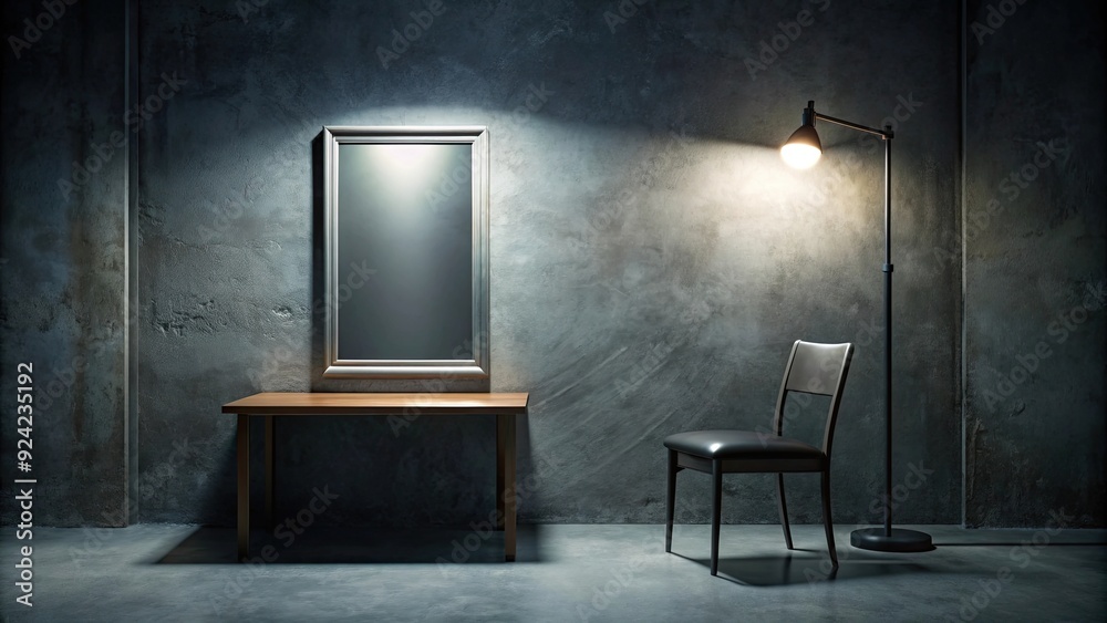 Dark interrogation room with switched-on lamp and big mirror, rendering ...