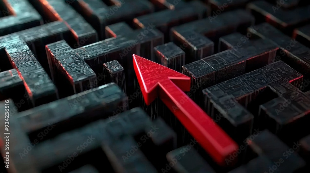 The red arrow in the black maze symbolizes overcoming obstacles and ...