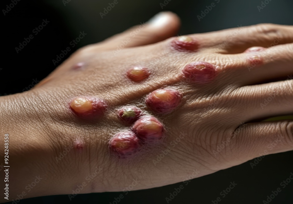 Close-up image of a human hand infected with the monkeypox virus. The ...