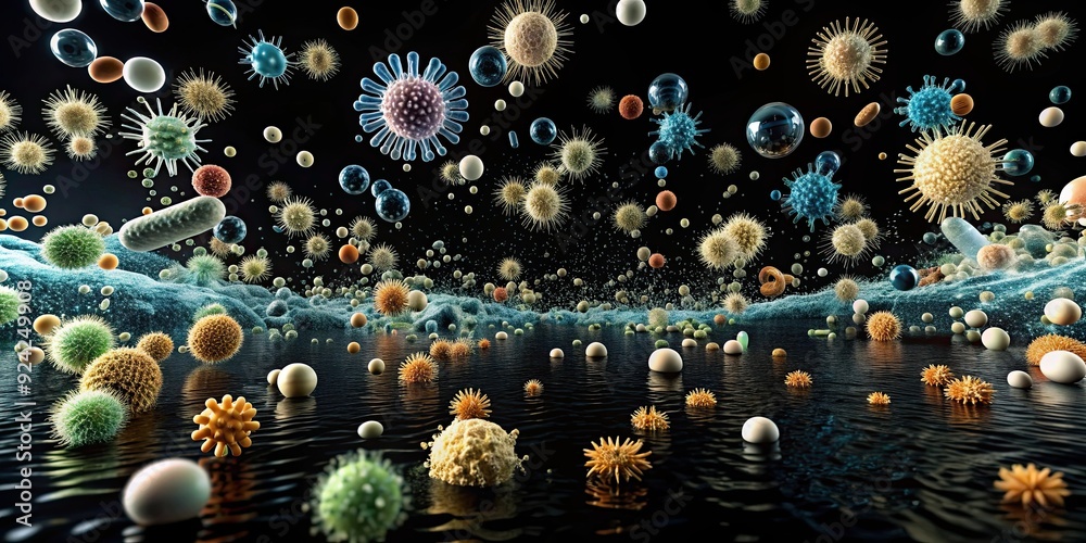 Contaminants in dirty water on black background, illustrating the ...