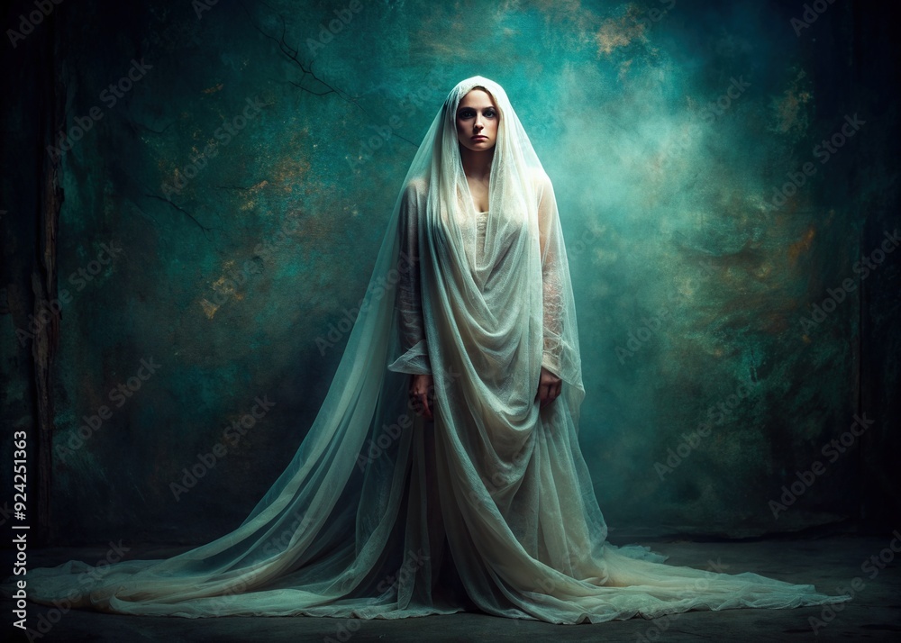 Ethereal figure of a woman shrouded in a tattered sheet stands eerily ...
