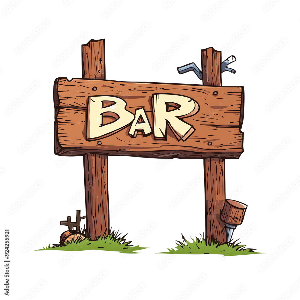 Cartoon wooden bar sign with grass and text. Isolated on transparent ...