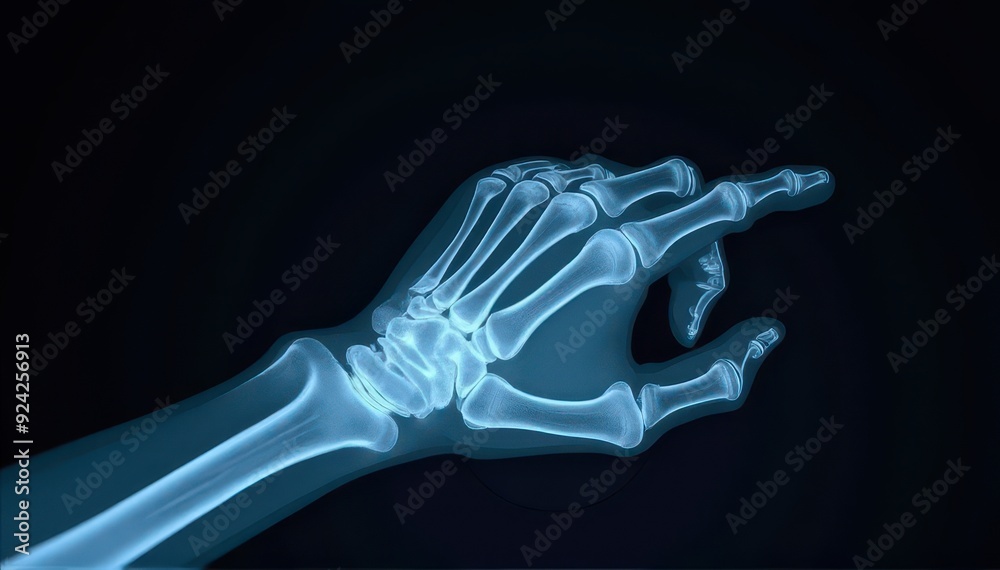 ภาพประกอบสต็อก X-ray image of a human hand showing skeletal structure ...