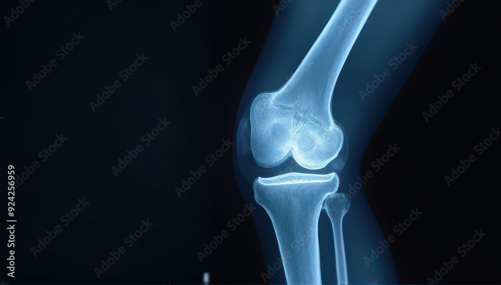 Detailed X-ray of knee joint showing bones, used for medical analysis ...