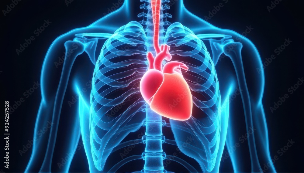 3D illustration of a glowing human heart in the chest cavity with ...