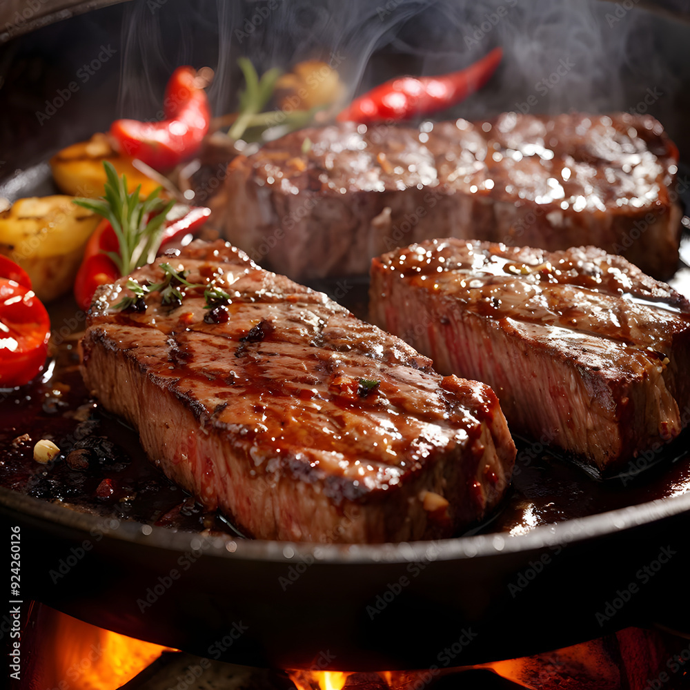 Cooked black angus prime beef ribeye steak on cast iron grilling pan ...