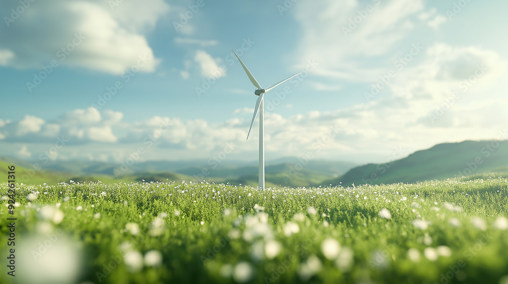realistic depiction of a wind turbine (windmill), standing tall in an ...
