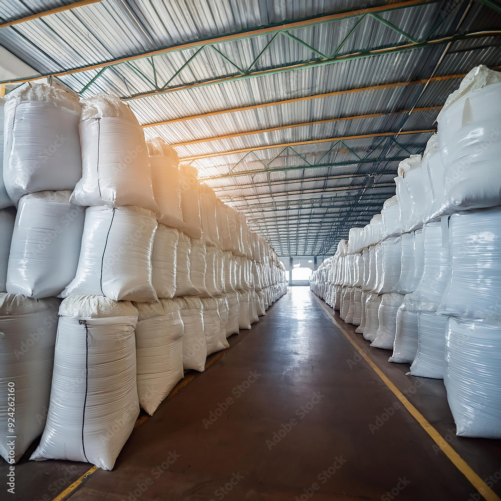 Interior of a warehouse with bulk rice or sugar bags in a distribution ...