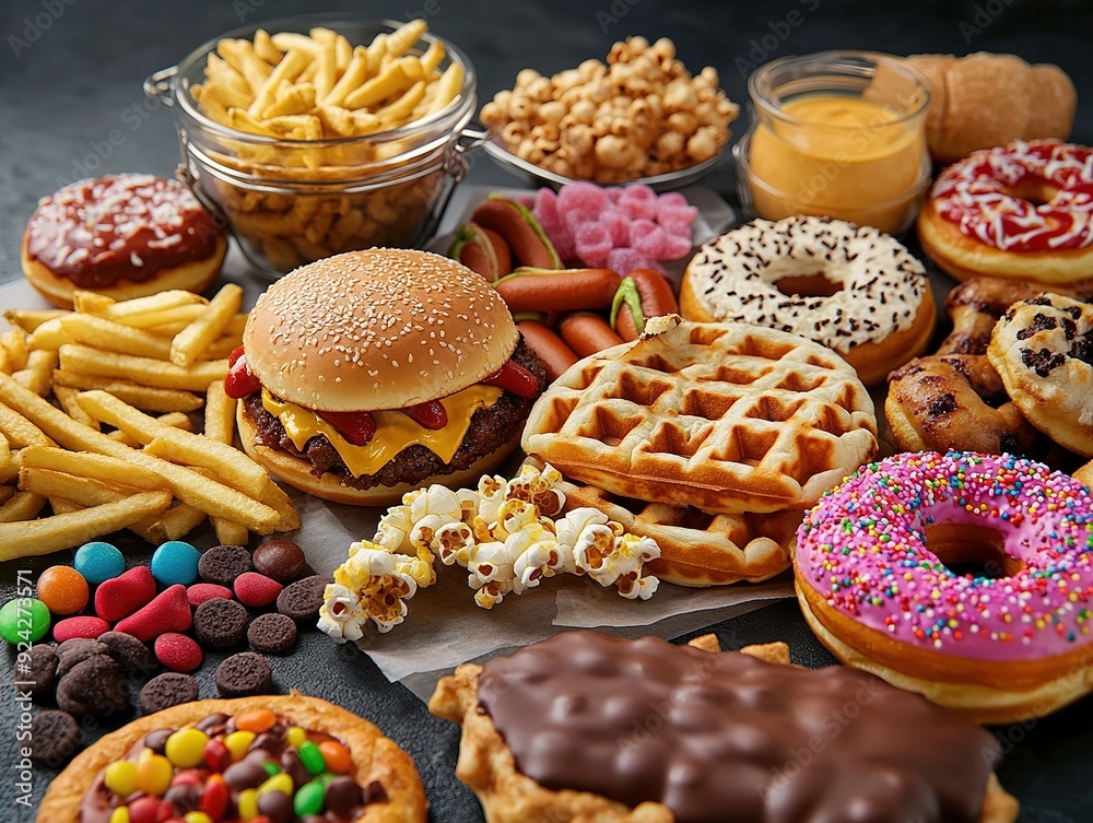 Top view of a diverse fast food feast with hot dogs, waffles, and an ...