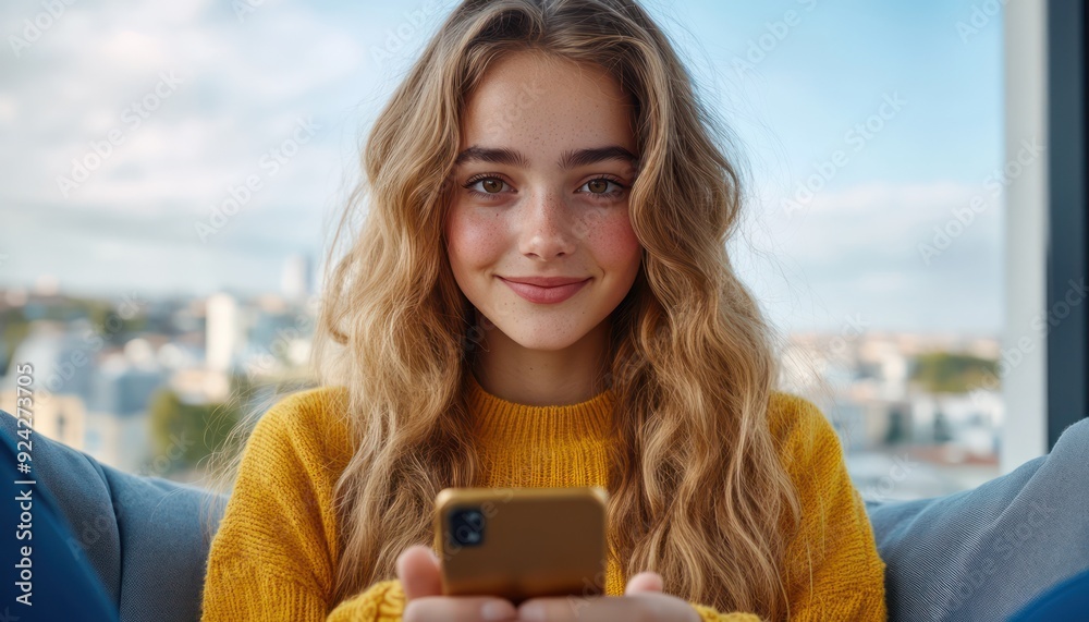 Young Woman Using Smartphone with Digital Interface Mockup, Casual ...