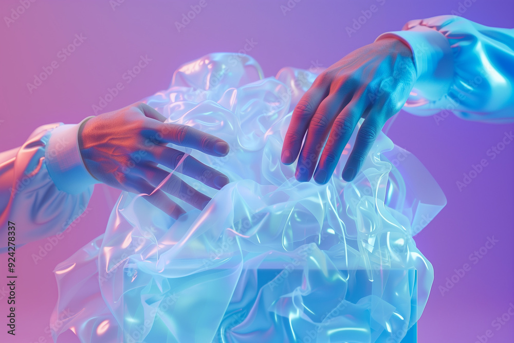 Hand wrapping plastic on ceramic home decoration on vibrant background ...