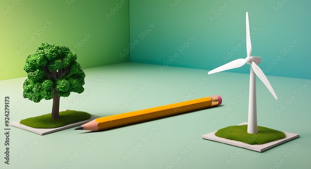 A pencil tree and wind turbine symbolize sustainable project ...