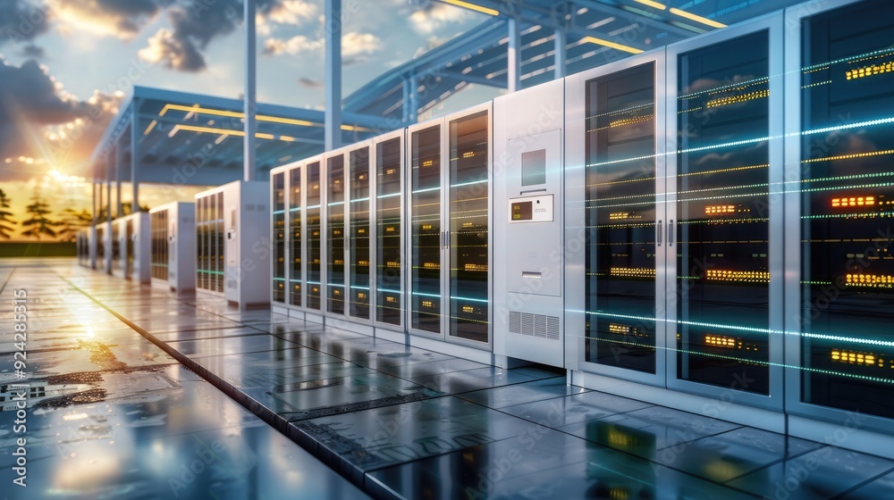 Modern data center with illuminated servers and storage devices in a ...