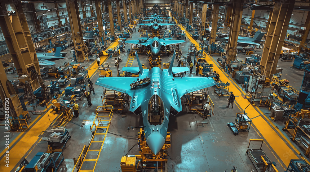 Military fighter jets undergoing assembly in large aircraft production ...
