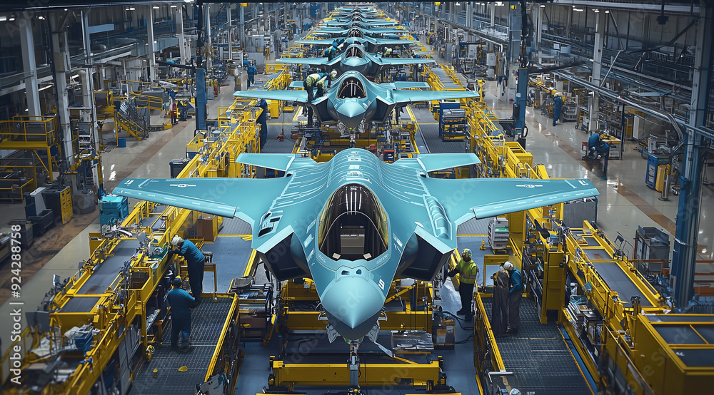 Military fighter jets undergoing assembly in large aircraft production ...
