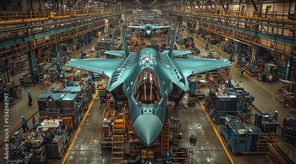 Military fighter jets undergoing assembly in large aircraft production ...