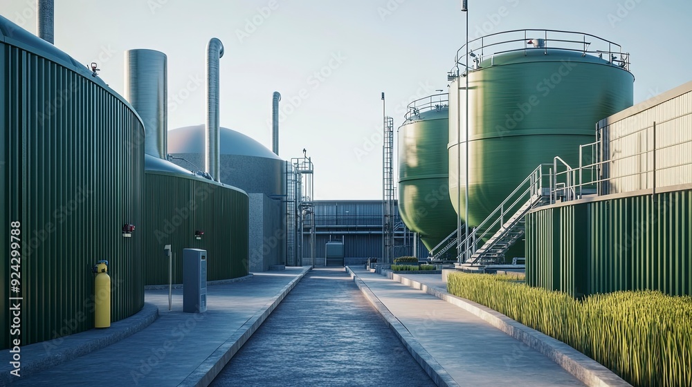 bio-digester processing organic waste to produce biogas, with pipes and ...