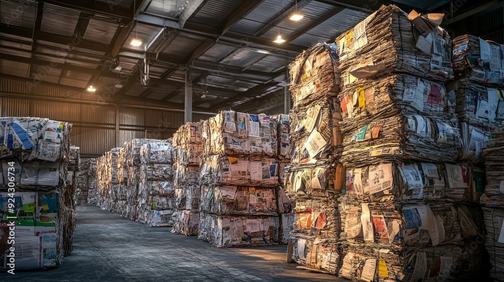 paper recycling facility, with stacks of old newspapers and magazines ...