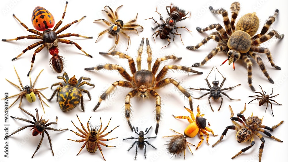 A diverse assortment of eerie spiders, ranging from tarantulas to ...