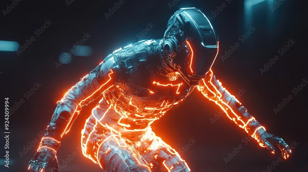 athlete using a motion capture suit, analyzing biomechanics, bright ...