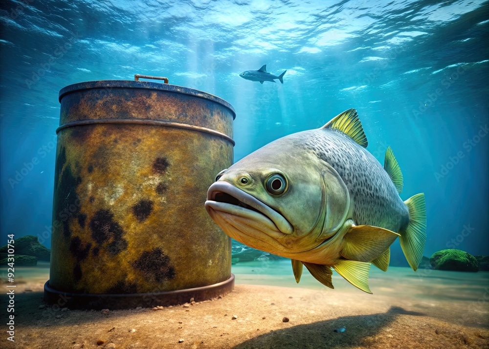 Toxic fish swimming near a rusted nuclear waste container, symbolizing ...