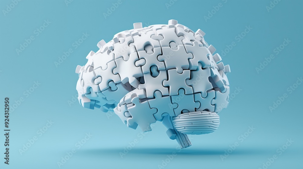 Brain formed by interconnected white puzzle pieces on blue background ...