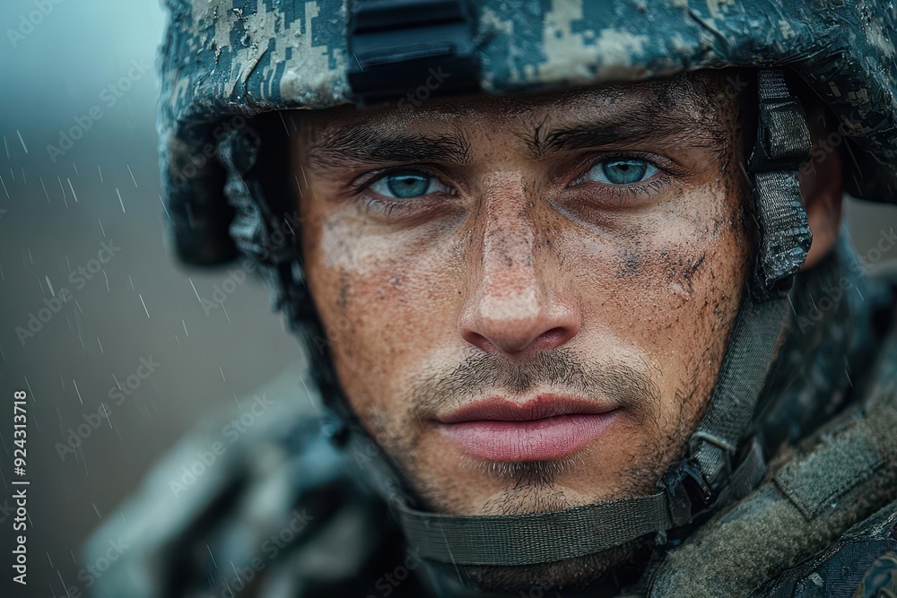 heroic portrait of a soldier in full combat gear against dramatic ...