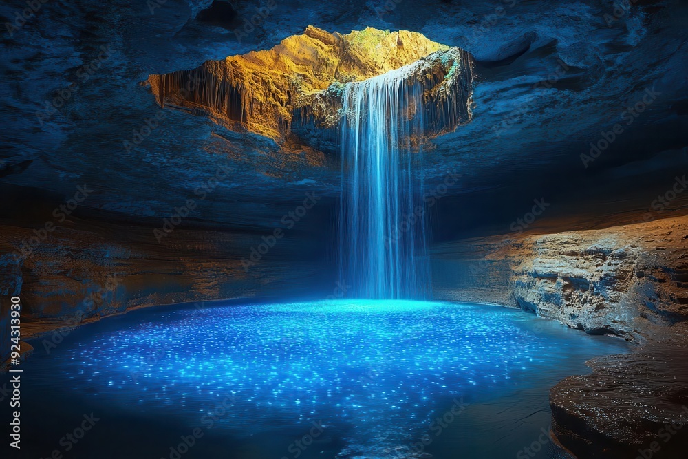 hidden waterfall in bioluminescent cavern glowing moss and fungi create ethereal atmosphere ...