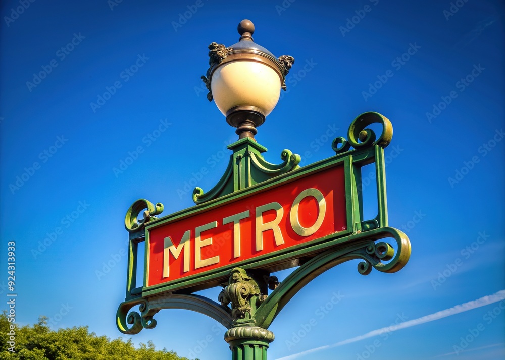 Elegant Art Nouveau-style Paris Metro sign stands out against a clear ...