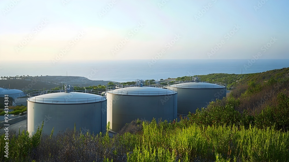 Freshwater Storage Tanks at Coastal Desalination Plant with Scenic ...