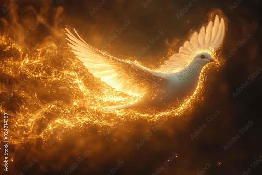 holy spirit manifestation ethereal white dove with wings aflame soars ...