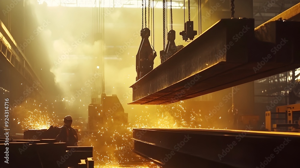 Heavy Machinery Lifting and Transporting Large Steel Beams in a ...