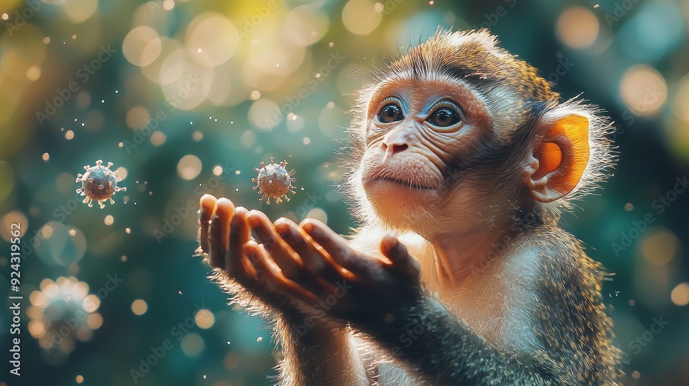 Baby monkey with floating virus particles representing monkeypox mpox ...