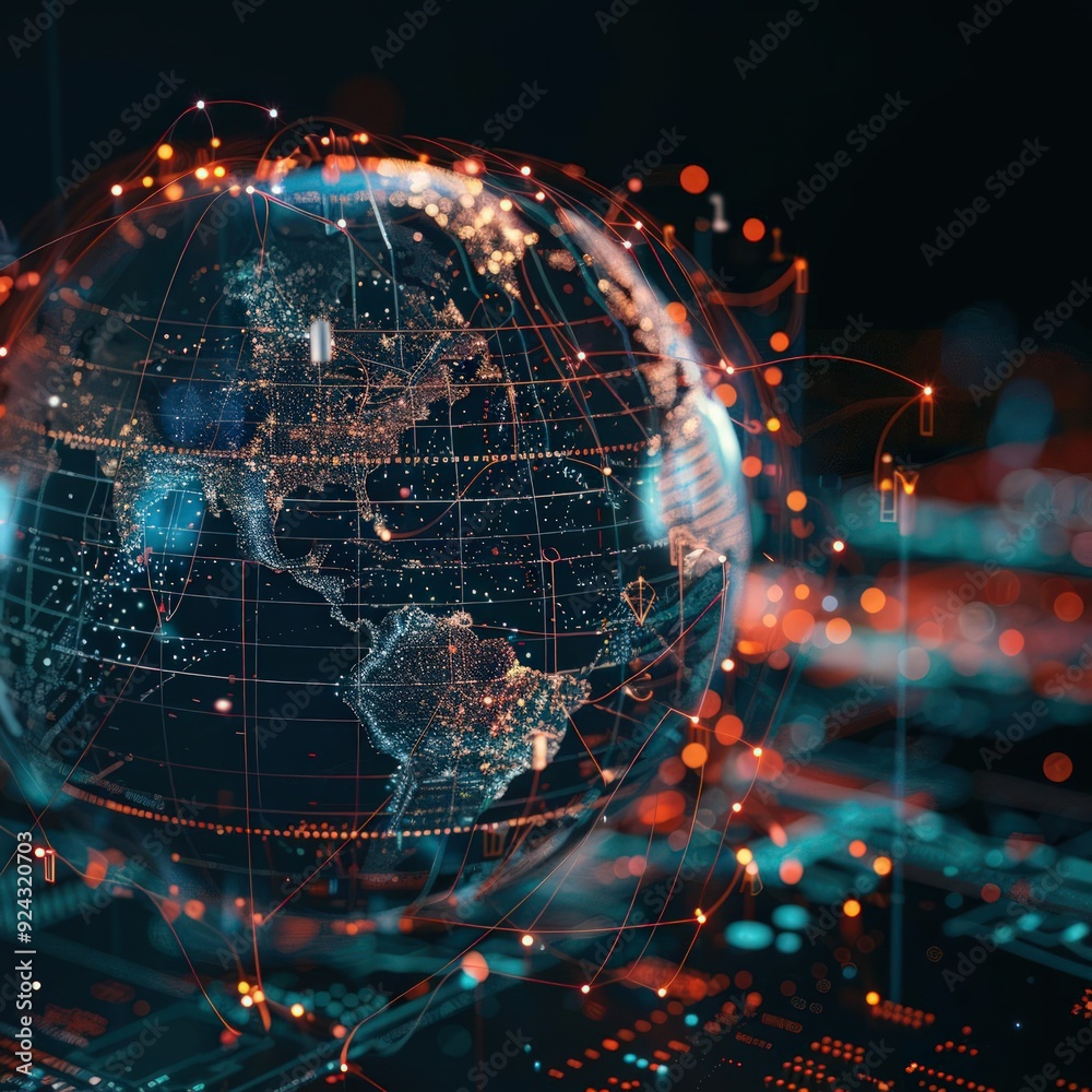 Digital globe encased in a holographic security net, cybersecurity ...