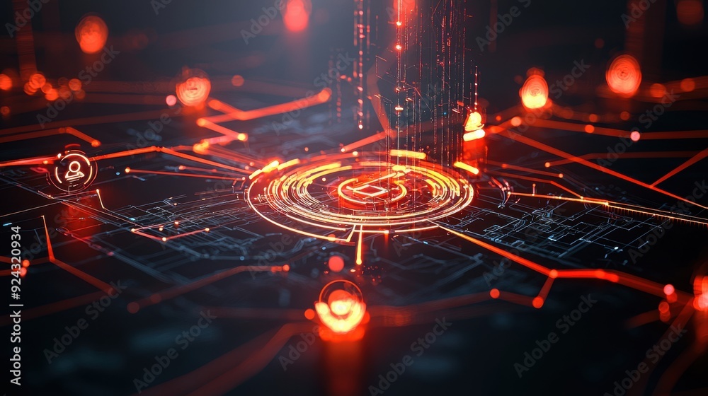 A 3D visualization of a cyber attack risk featuring a digital network ...