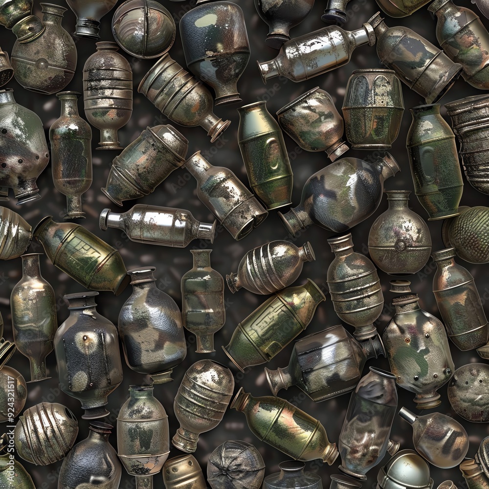 3D HD seamless pattern of army grenades and ammunition, metallic and ...